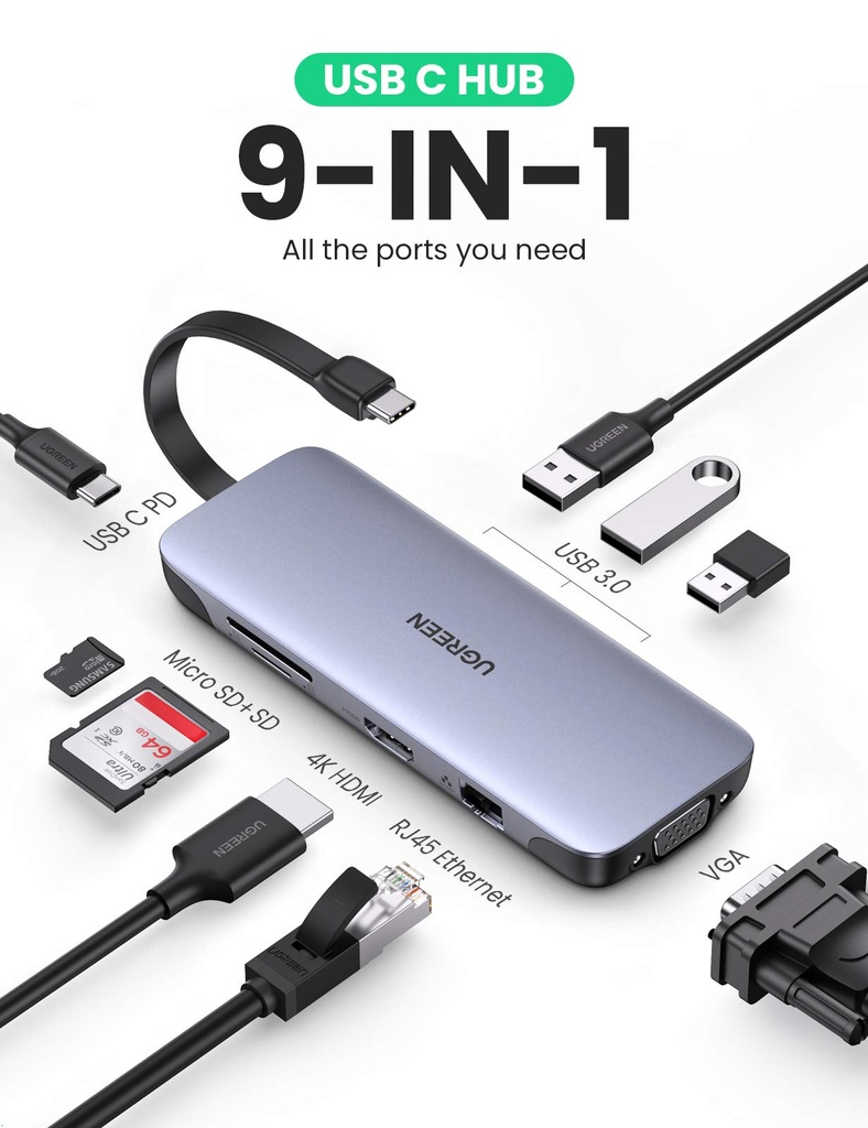UGREEN 9-IN-1 USB-C HUB DOCKING STATION ADAPTER (4K HDMI + 3*USB3.0 + SD + TF + VGA + GIGABIT ...